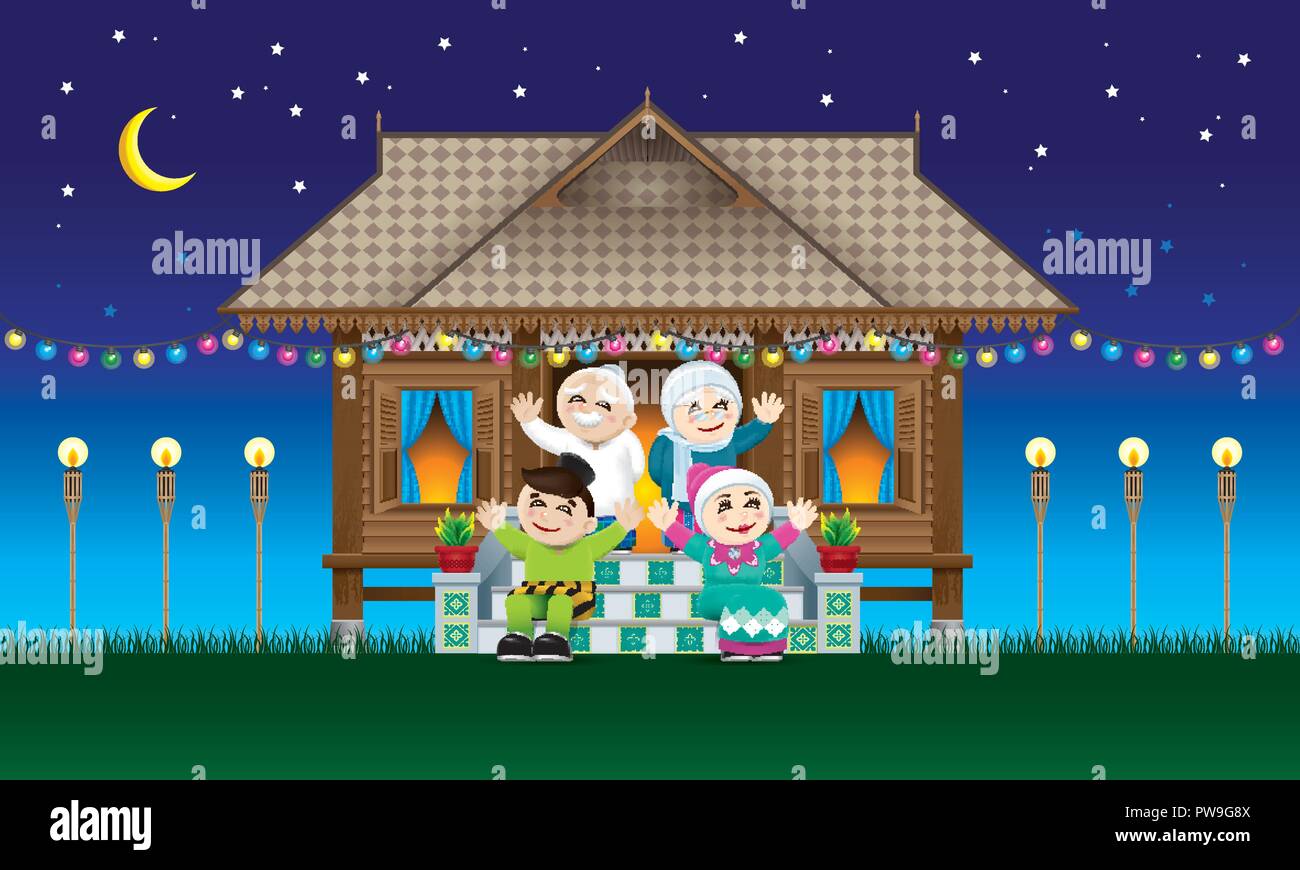 A Muslim family celebrating Raya festival in their traditional Malay ...