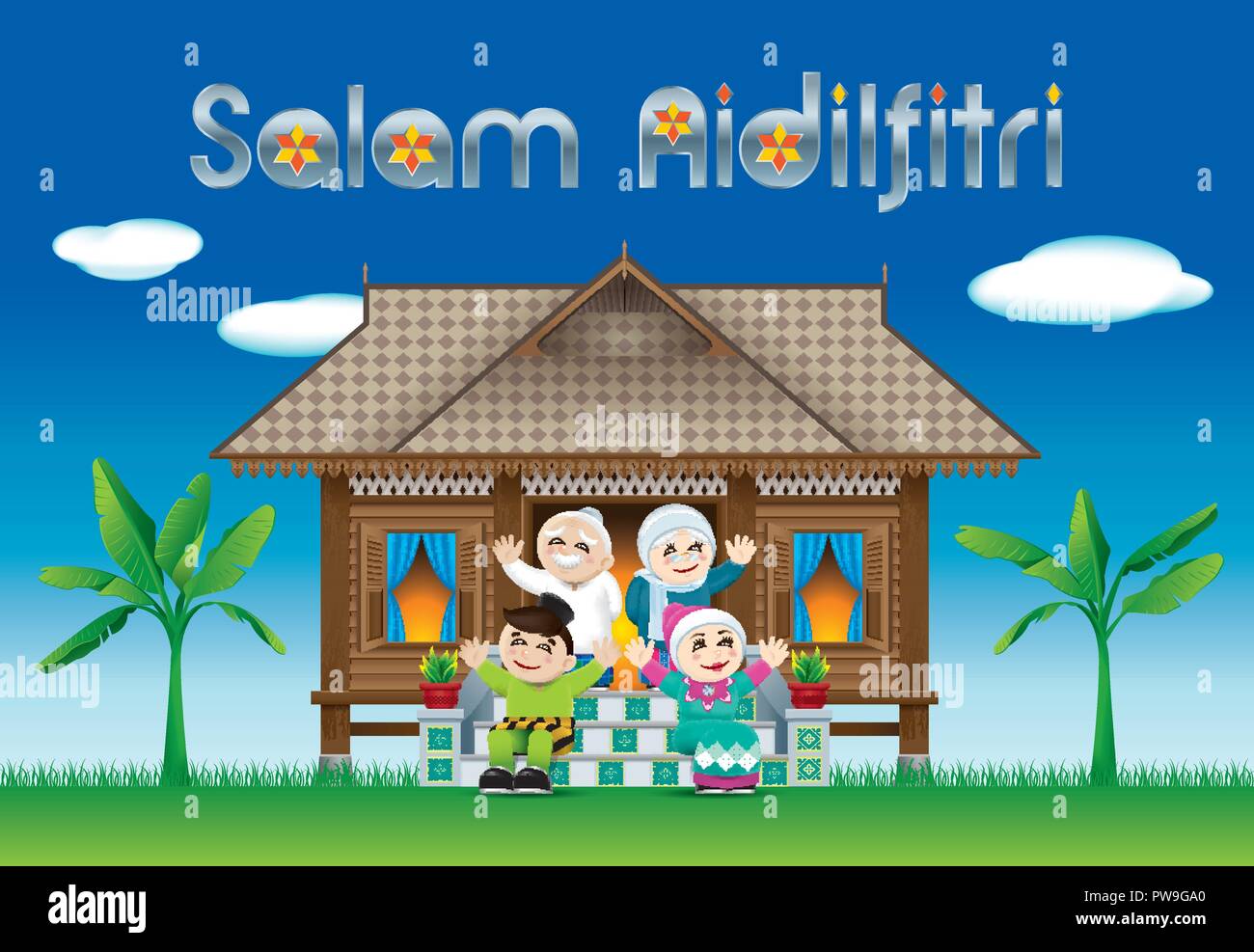 A Muslim family celebrating Raya festival in their traditional Malay ...