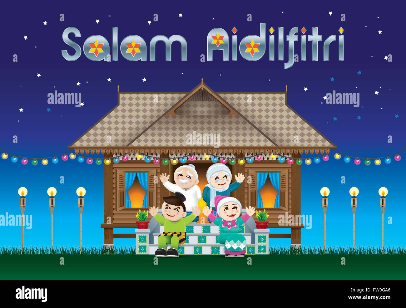 A Muslim family celebrating Raya festival in their traditional Malay ...