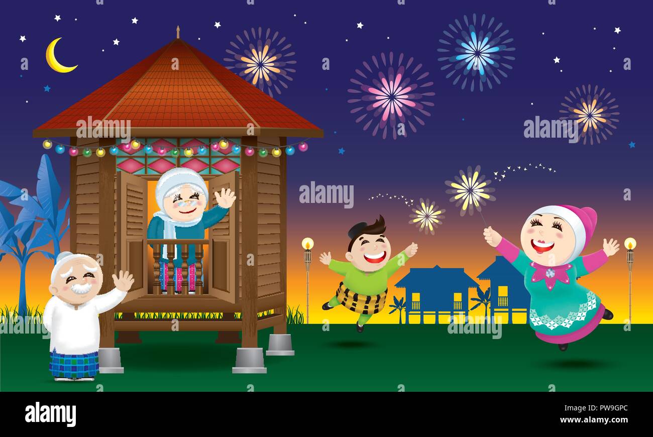 A boy and a girl is playing with fireworks during their Raya festival ...