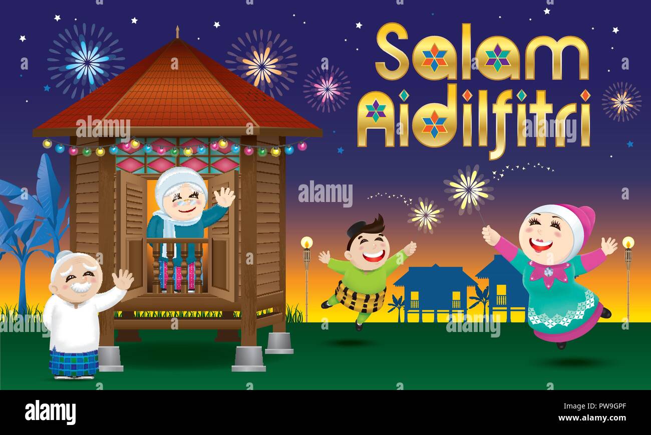 A boy and a girl is playing with fireworks during their Raya festival ...