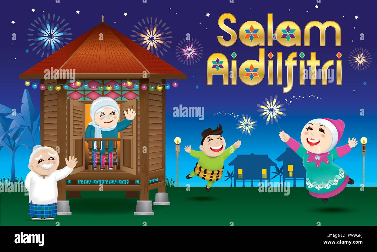 A boy and a girl is playing with fireworks during their Raya festival ...