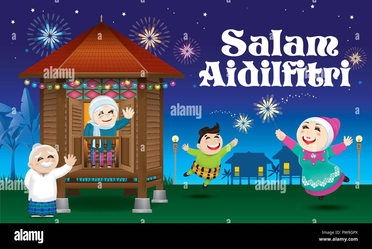 A boy and a girl is playing with fireworks during their Raya festival ...