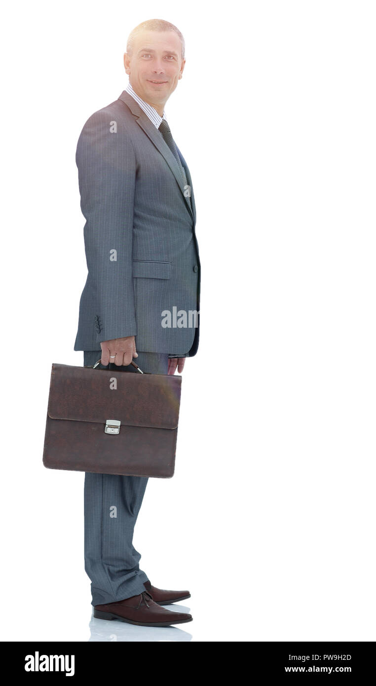 side view.a confident lawyer looking at the camera. isolated on a white ...