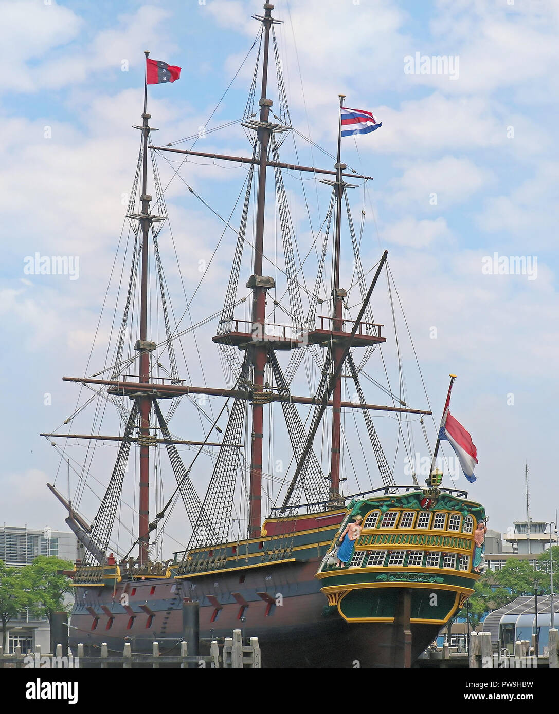 A replica of the 17th century sailing ship in Amsterdam harbour near ...