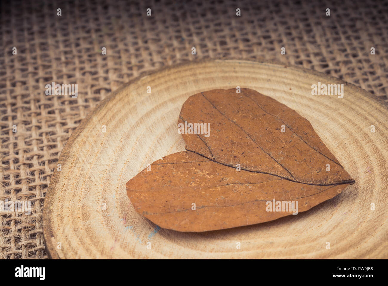 Heart shaped object on a piece of round wood Stock Photo - Alamy