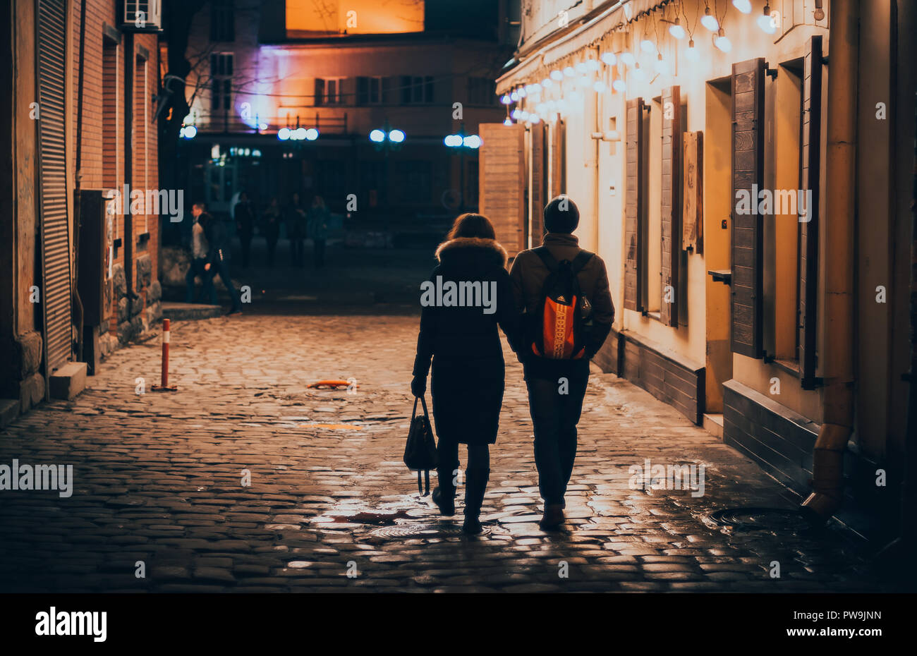 Night city street people walking Stock Photo - Alamy