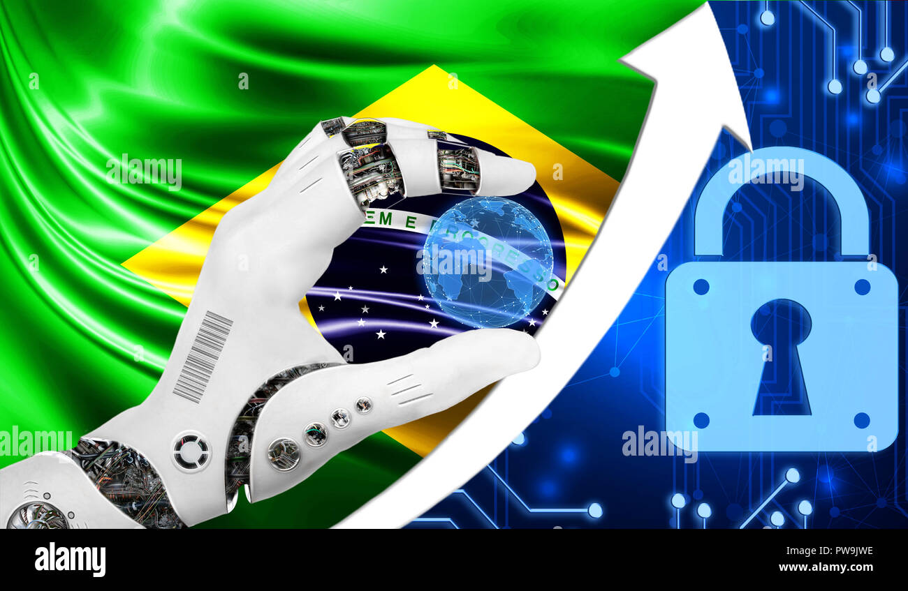 Brazil flag along with a blue cryptogram and an up arrow with a lock ...