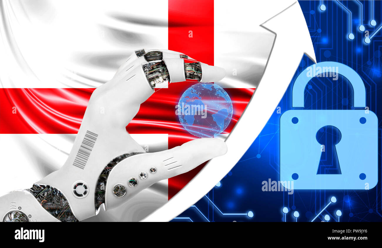 England flag along with a blue cryptogram and an up arrow with a lock ...
