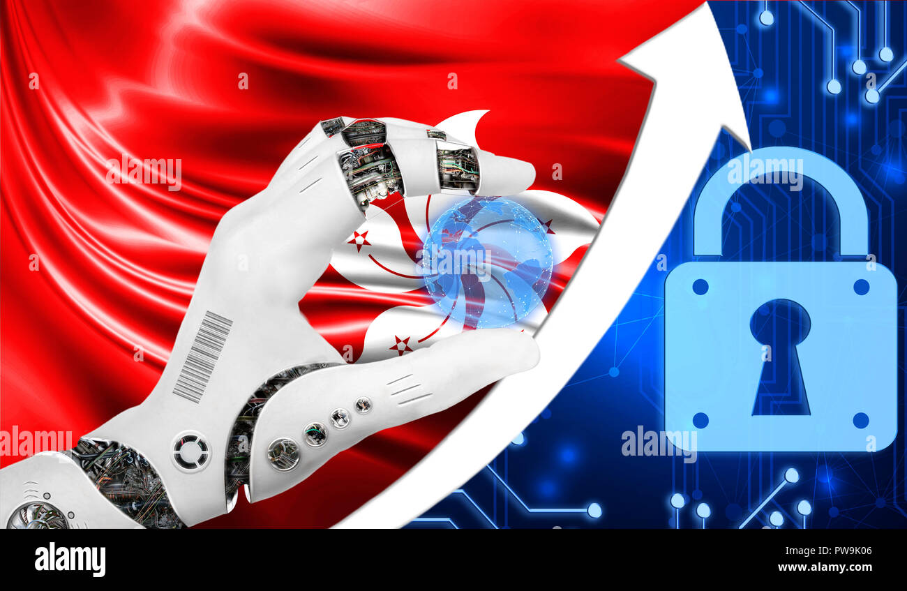 Hong Kong flag along with a blue cryptogram and an up arrow with a lock ...
