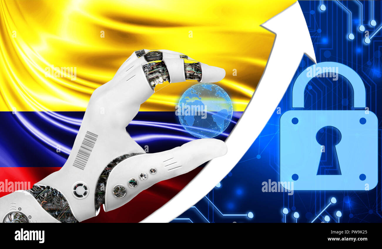 Colombia flag along with a blue cryptogram and an up arrow with a lock ...