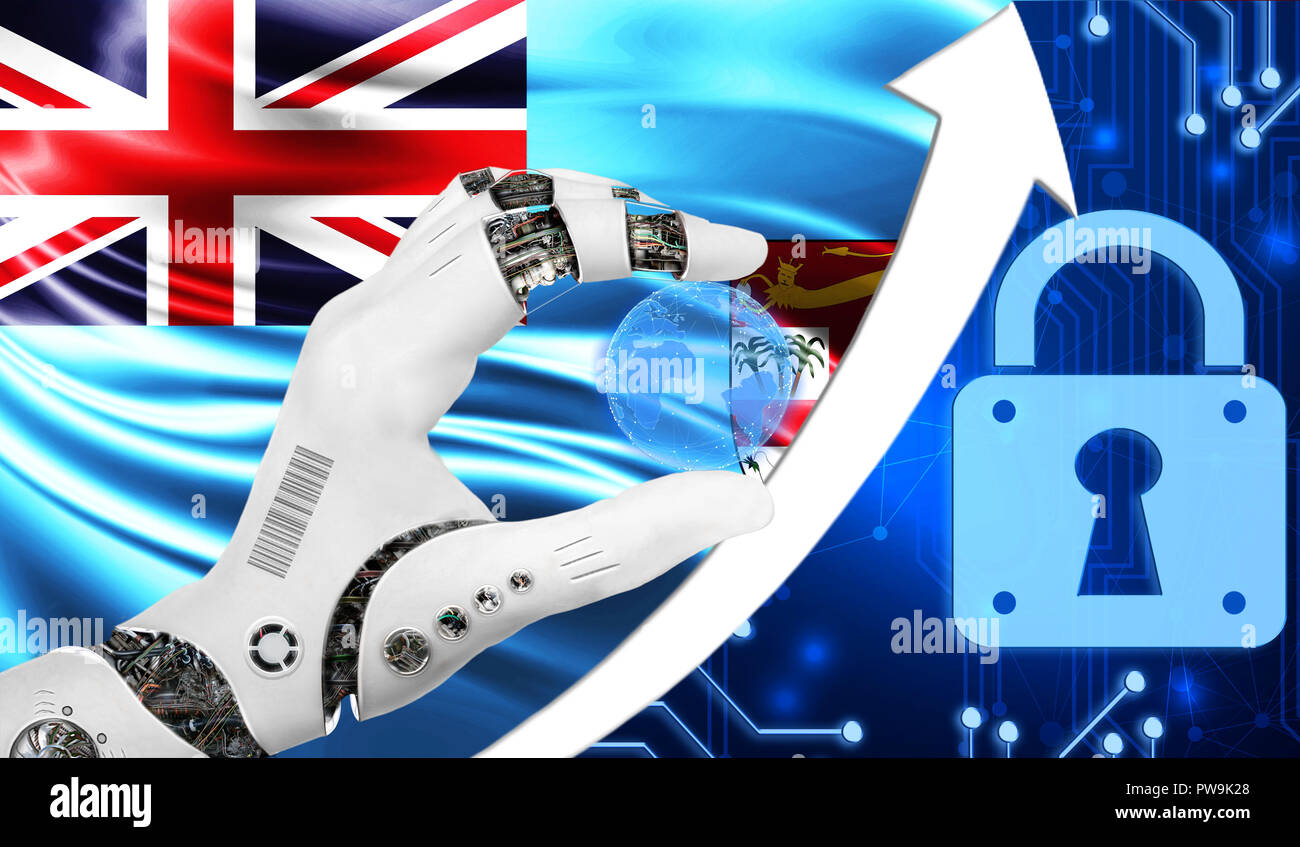 Fiji flag along with a blue cryptogram and an up arrow with a lock ...