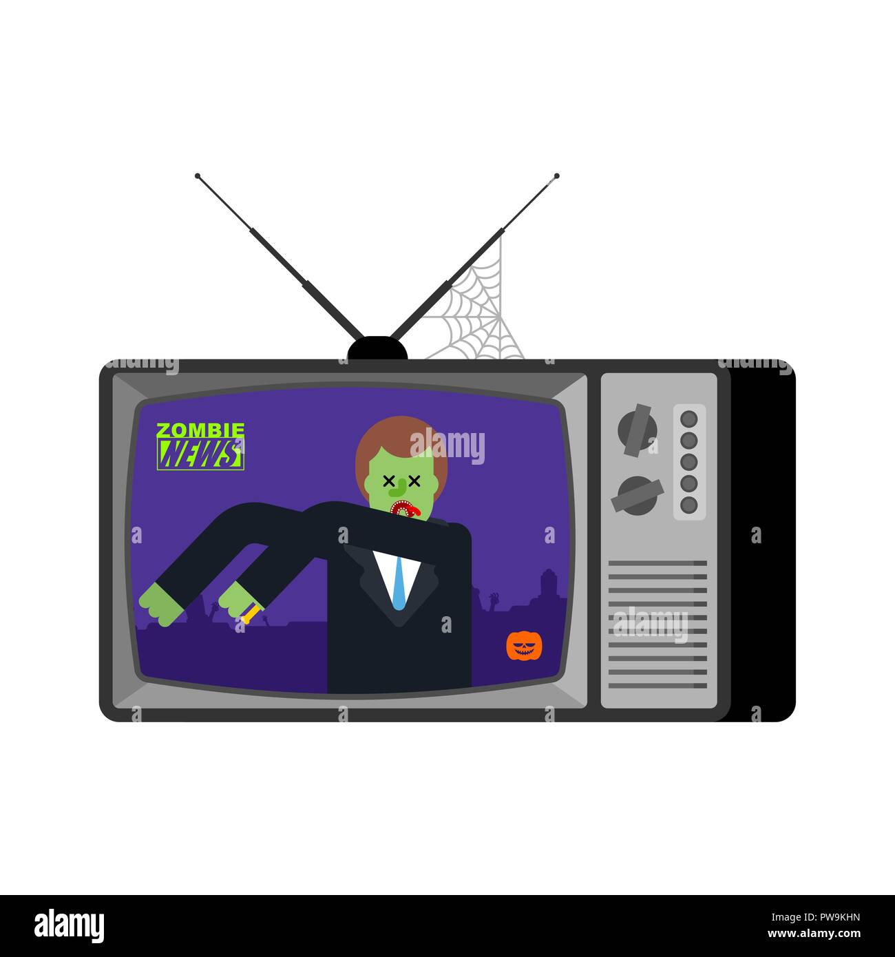 Zombie news old tv. Halloween Live broadcasting. Terrible Dead man ...