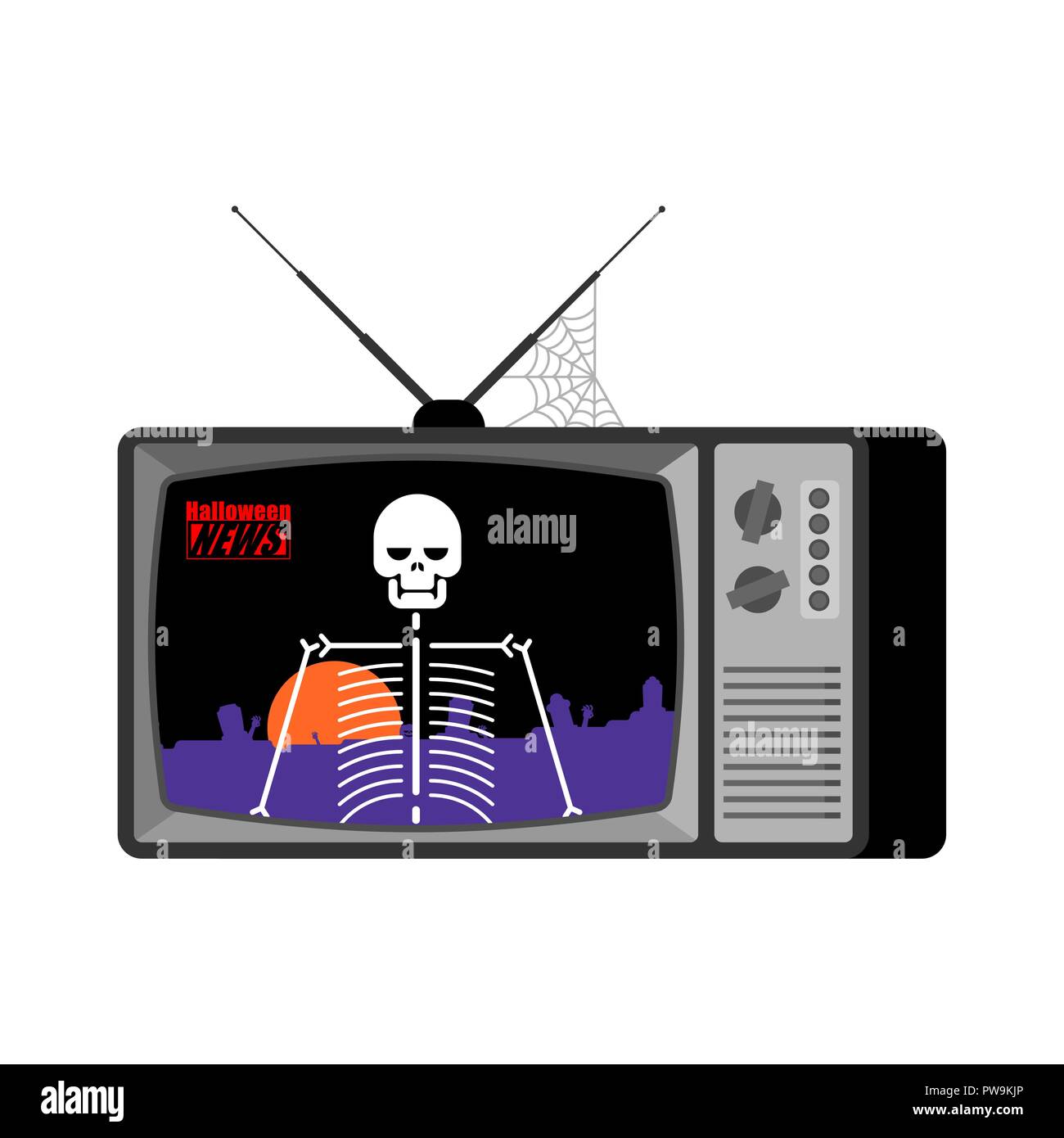 Halloween news old tv. Skeleton broadcasting journalist. Skull ...