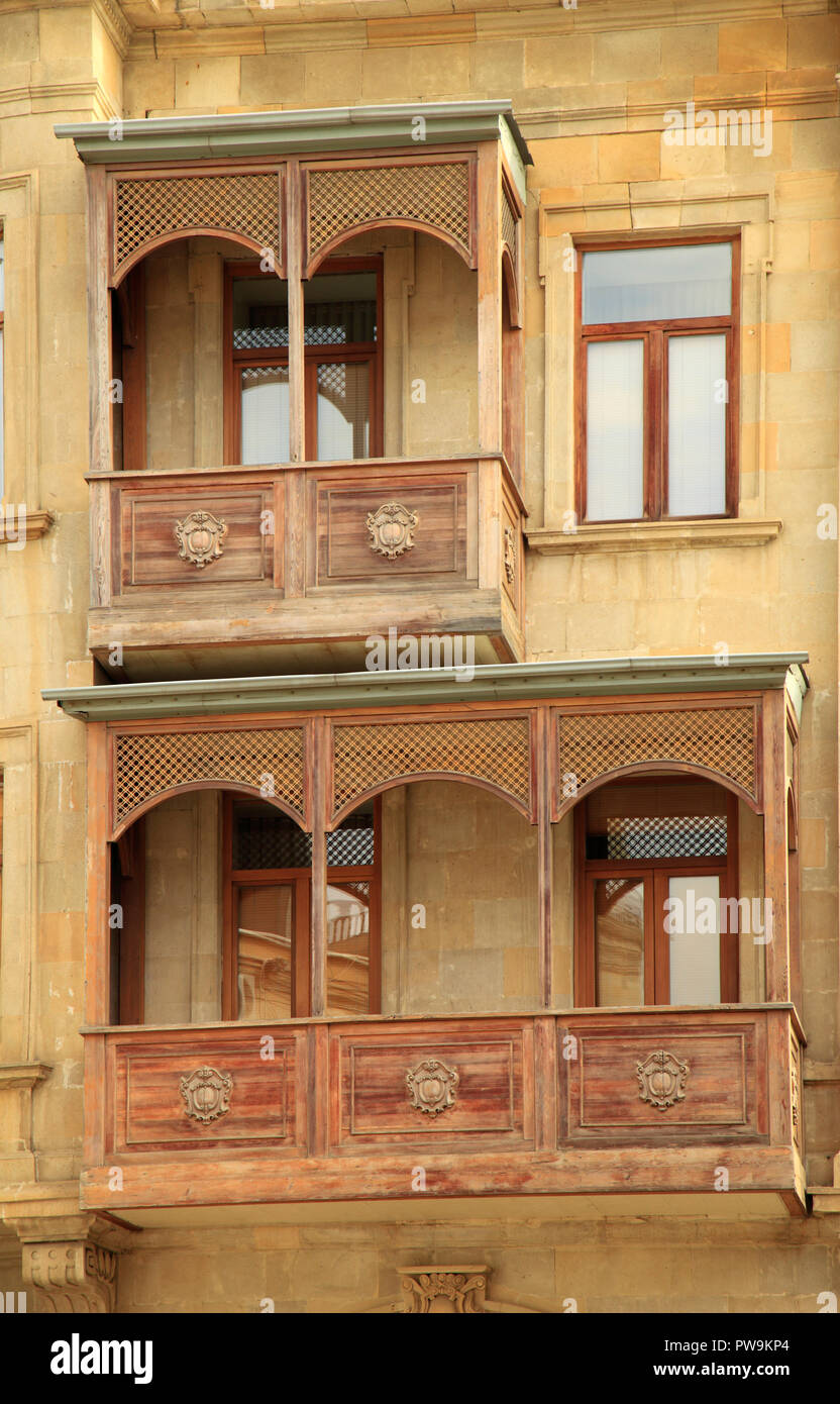 Azerbaijan; Baku, Old City, balconies, traditional architecture Stock ...