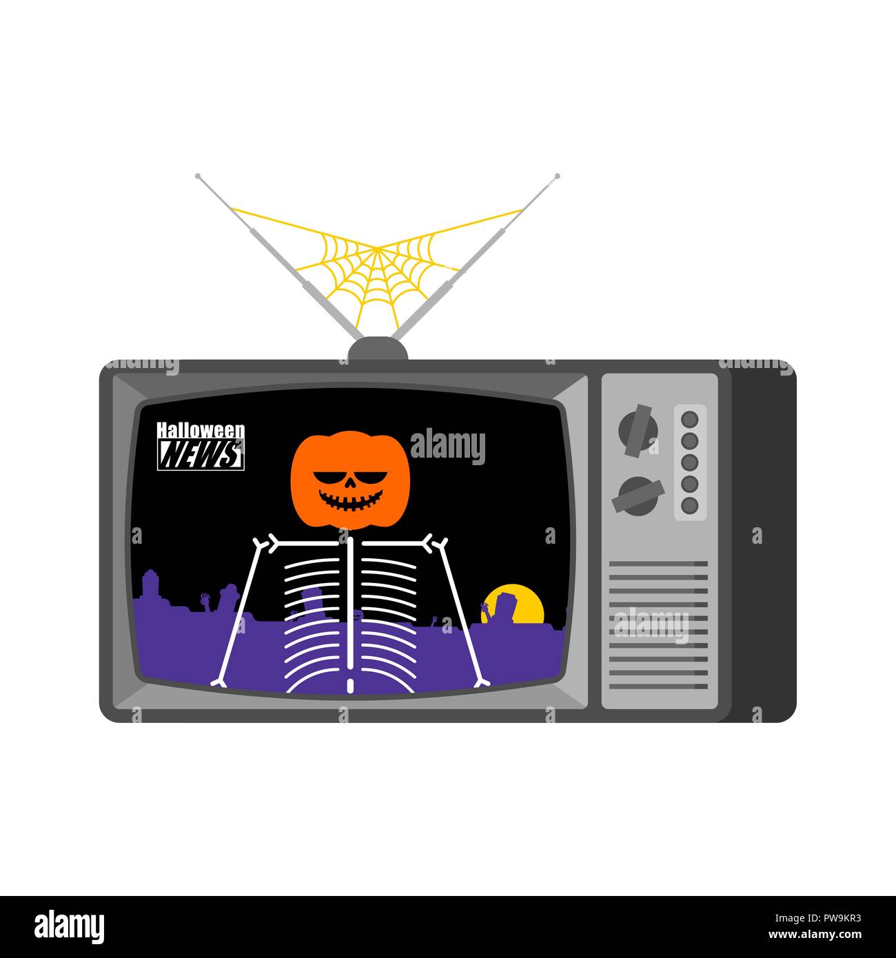 Halloween news old tv. Pumpkin broadcasting journalist. Skeleton ...