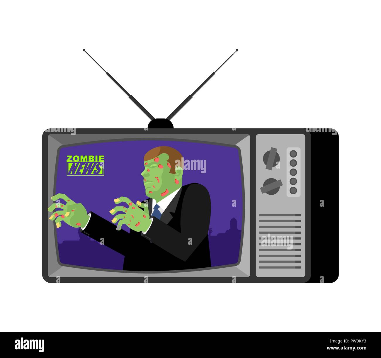 Zombie news old tv. Halloween Live broadcasting. Terrible Dead man ...