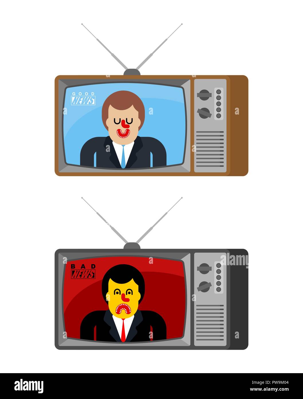 Bad and Good news old tv set. Angry broadcasting journalist. Happy Man ...