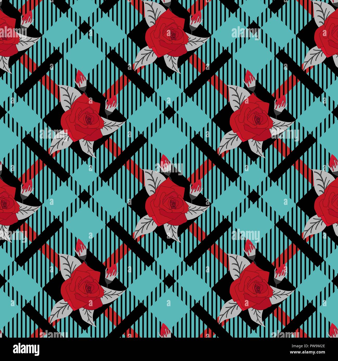 beautiful flowers pattern on plaid background. pattern of rose, eps 10 ...