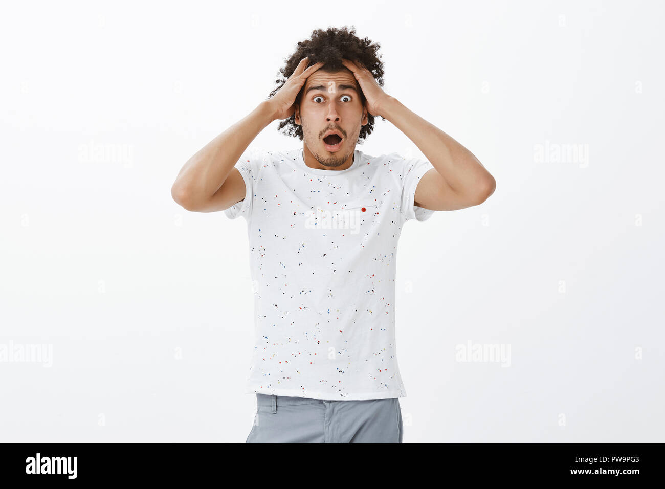 Head spinning round from lots of info. Portrait of shocked and ...