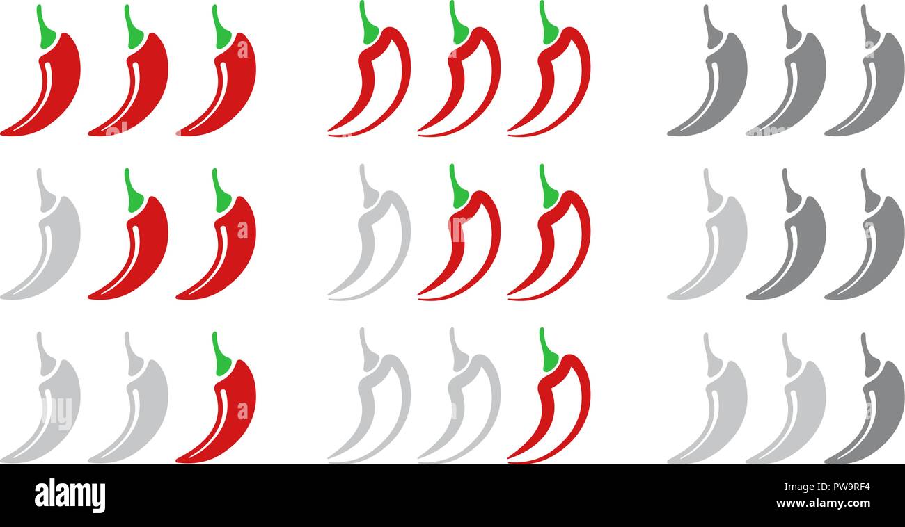 Hot red pepper strength scale. Set of indicator with mild, medium and ...