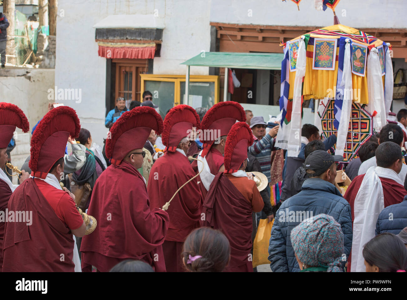 Red hat monks at a traditional Tara prayer ritual, Leh, Ladakh, India ...