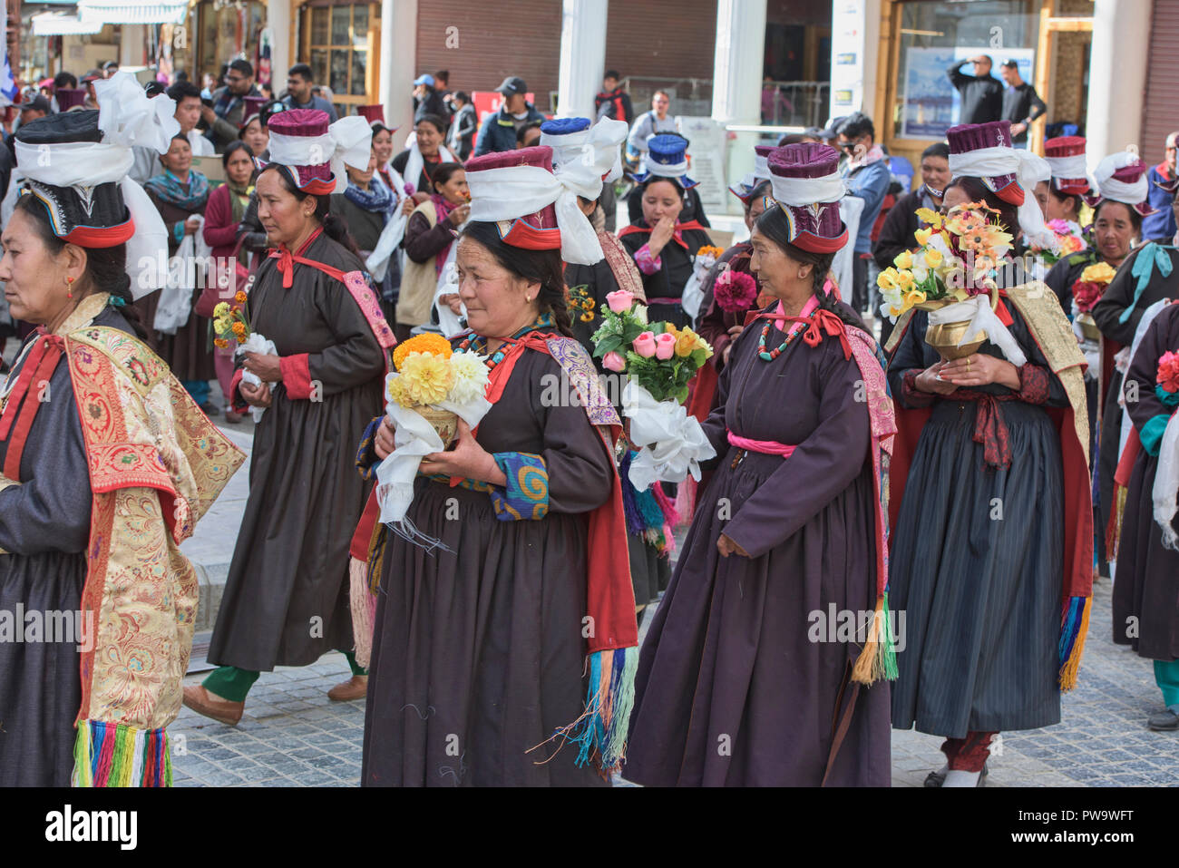 Ladakhi women in traditional dress at a Tara prayer festival, Leh ...