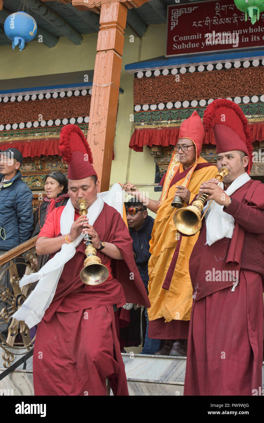 Red hat monks at a traditional Tara prayer ritual, Leh, Ladakh, India ...