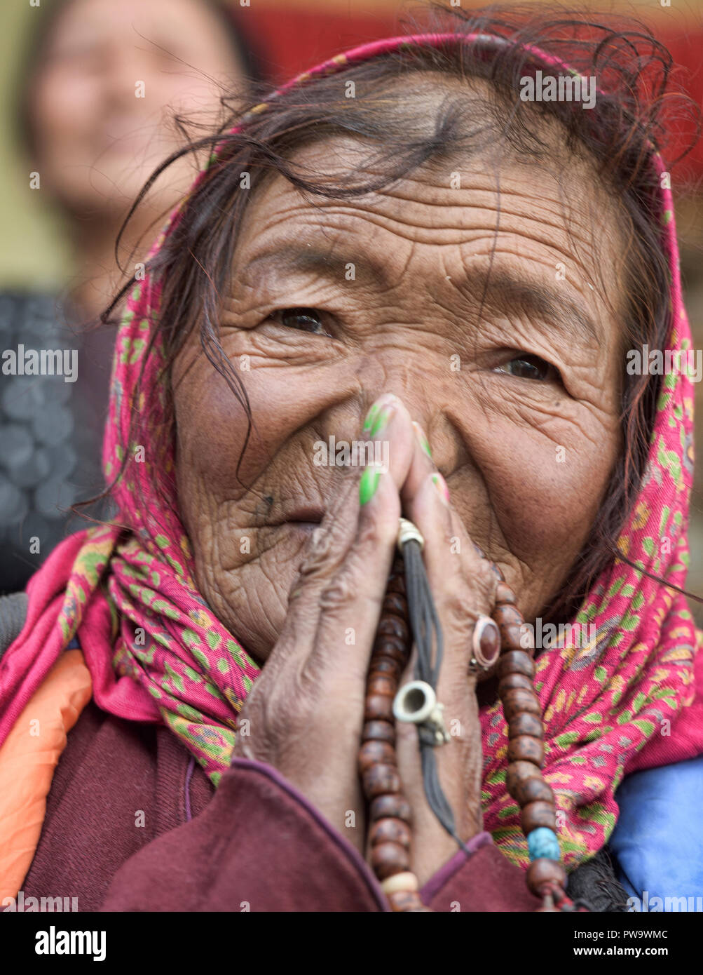Pilgrim at a traditional Tara prayer ritual, Leh, Ladakh, India Stock ...