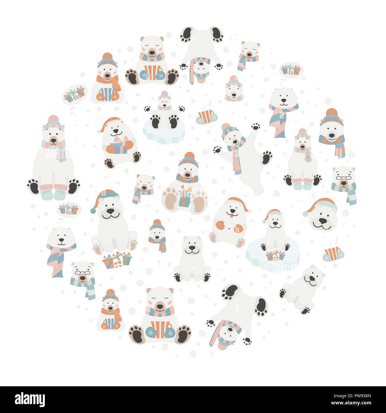Cute Polar Bear Sticker Set Round Design Elements For Christmas