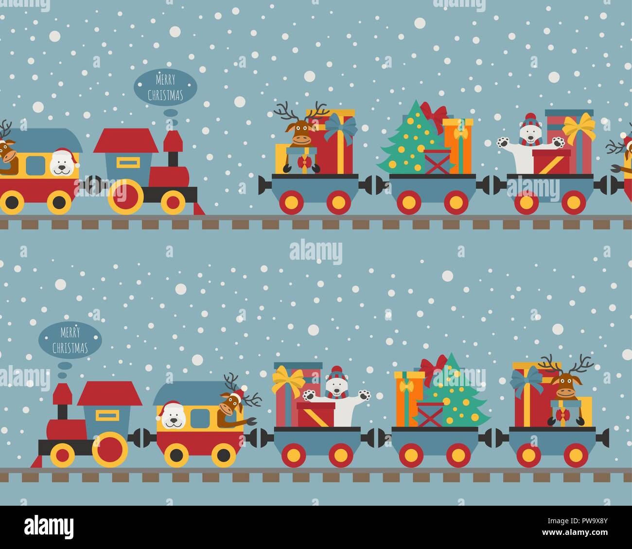 Christmas train with bear, reindeer, gifts. Seamless pattern for ...