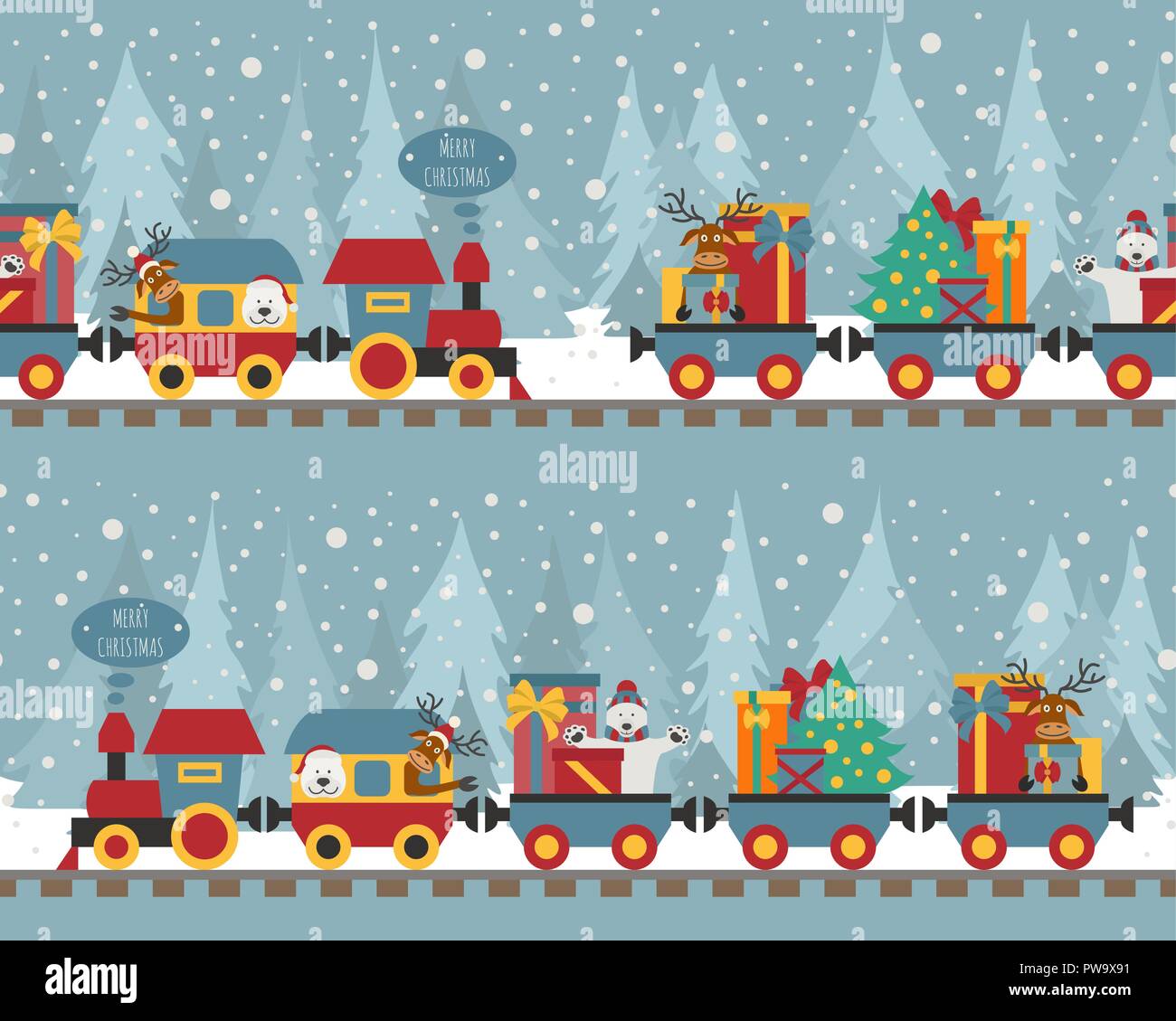Christmas train with bear, reindeer, gifts. Seamless pattern for ...