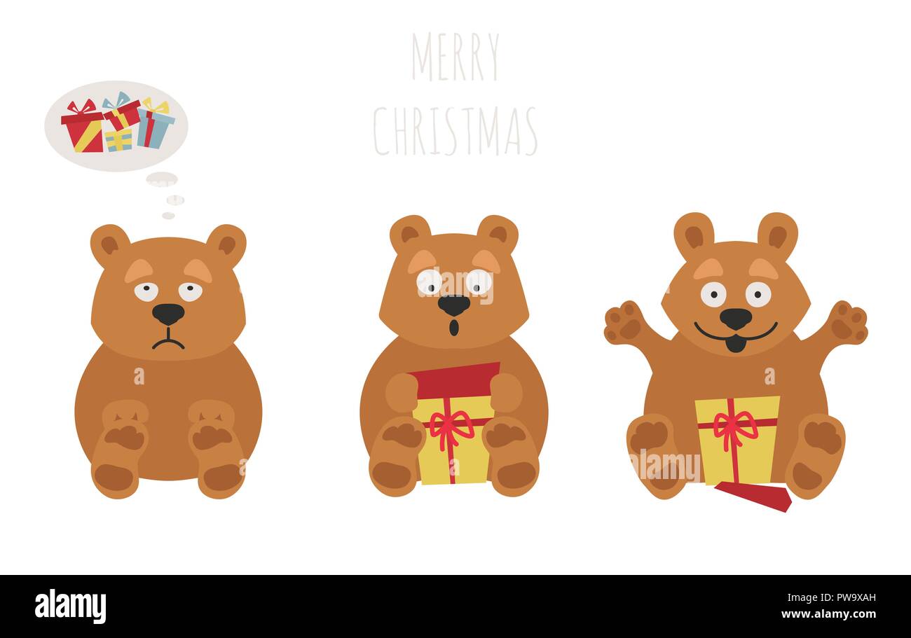 Cute Brown Bear Sticker Set Elements For Christmas Holiday Greeting