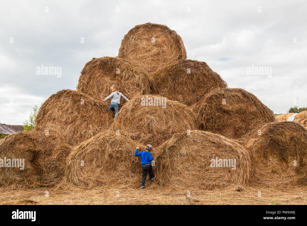 Little boy and girl on haystacks d in the sunlight running, playing ...