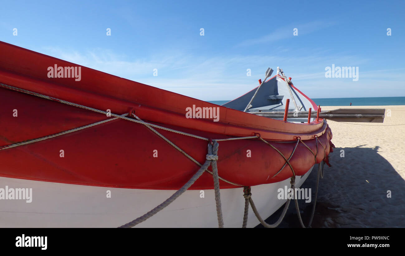 Bright Red Rowboat Ocean Landscape Beach Vacation Sandy Blue Sky ...