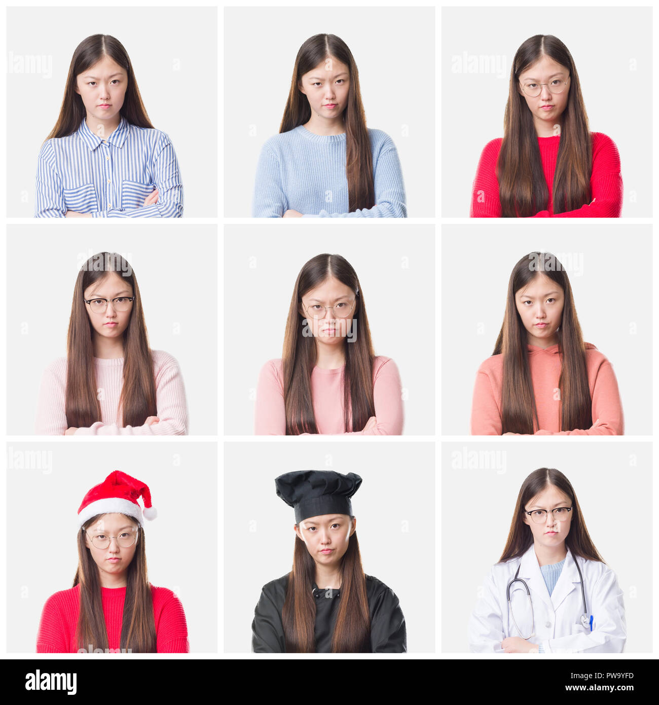 Collage of young doctor, chef asian woman isolated background skeptic ...