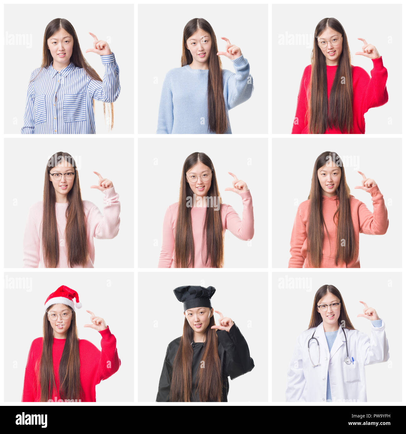 Collage of young doctor, chef asian woman isolated background smiling ...