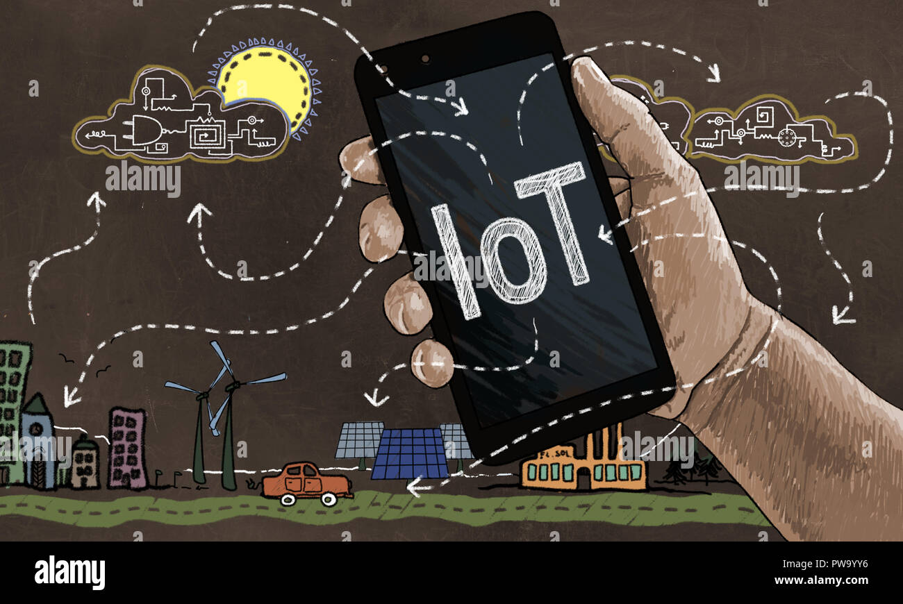 Internet of Things Concept in Classic Drawing Style with a Smart Phone ...