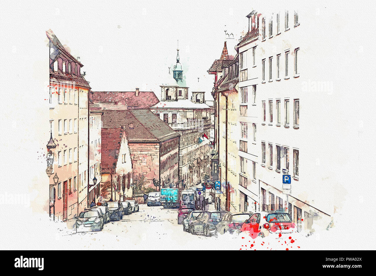 A watercolor sketch or an illustration of traditional German ...