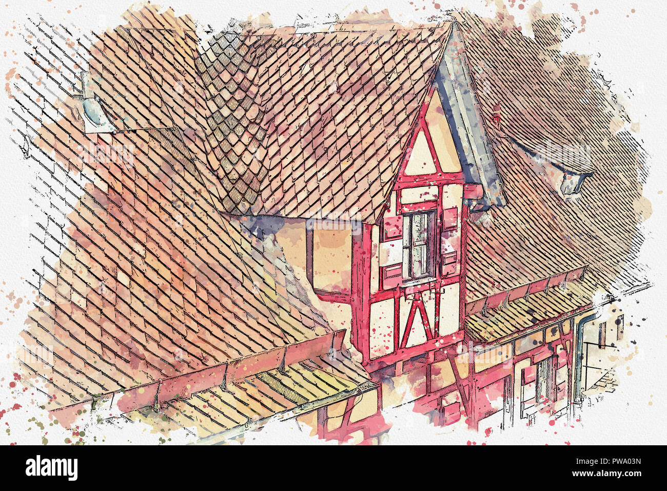 A watercolor sketch or an illustration of traditional German ...