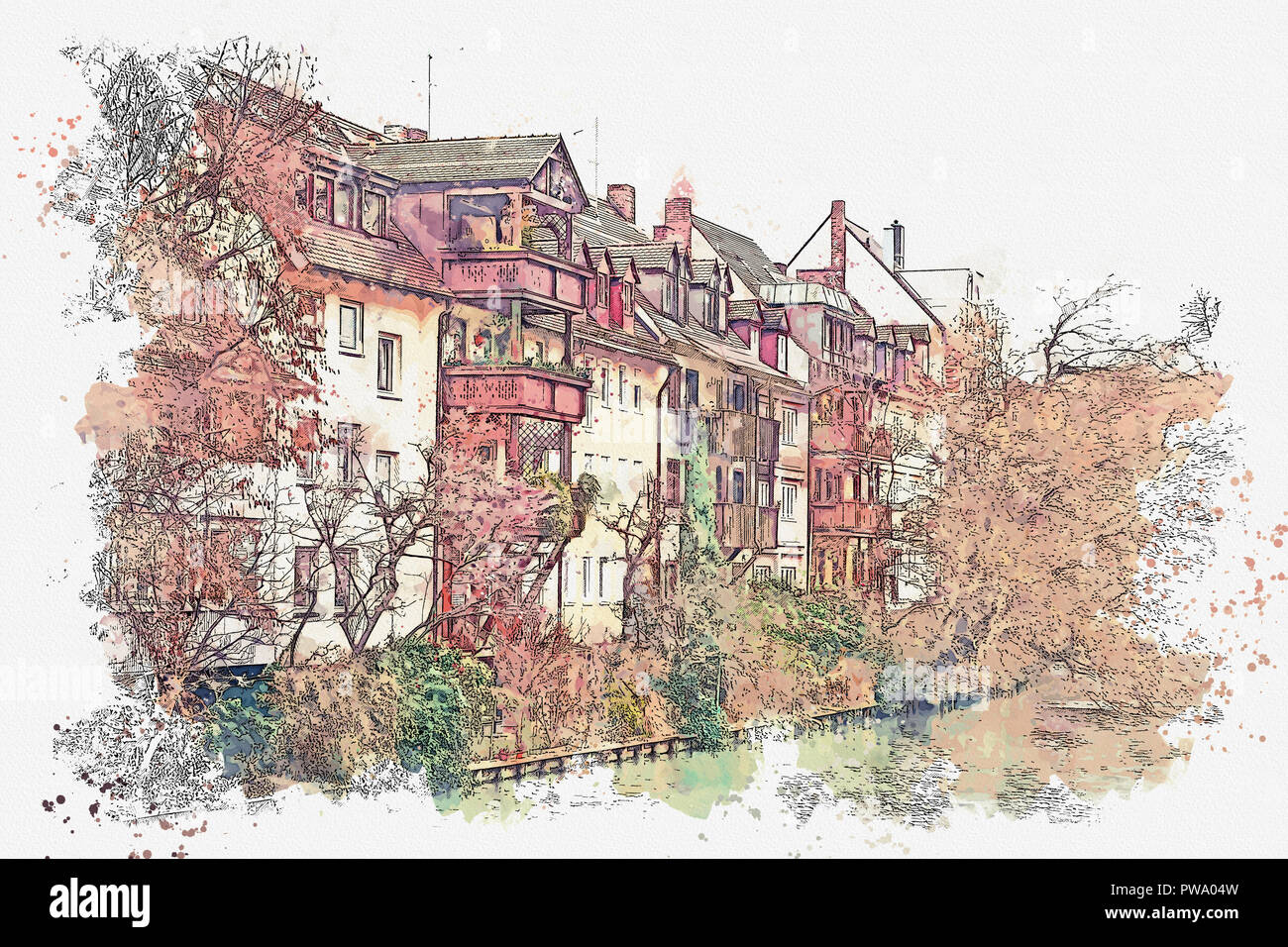 A watercolor sketch or an illustration of traditional German ...