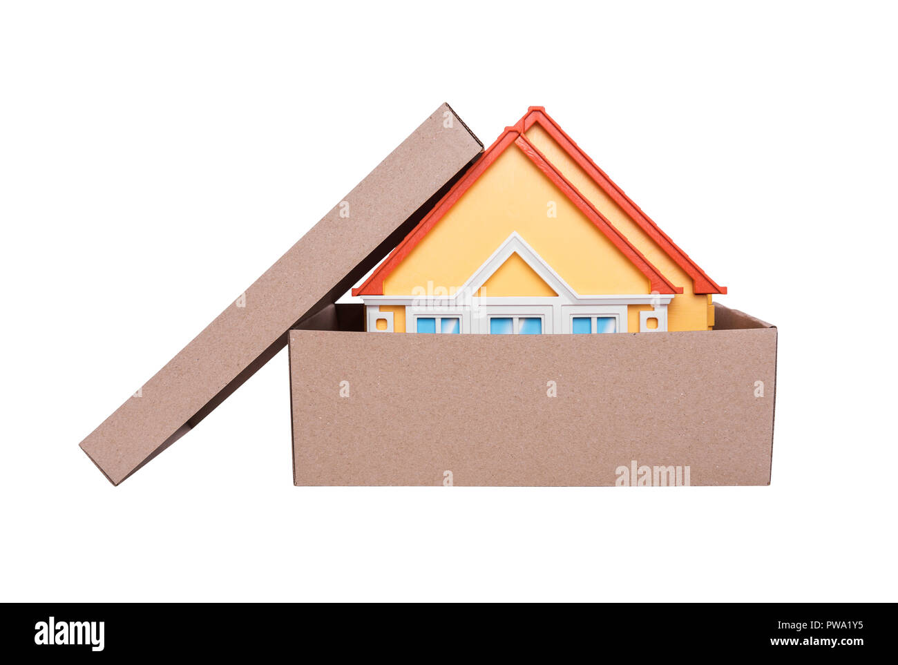 House in a cardboard box. Isolated on white background Stock Photo - Alamy