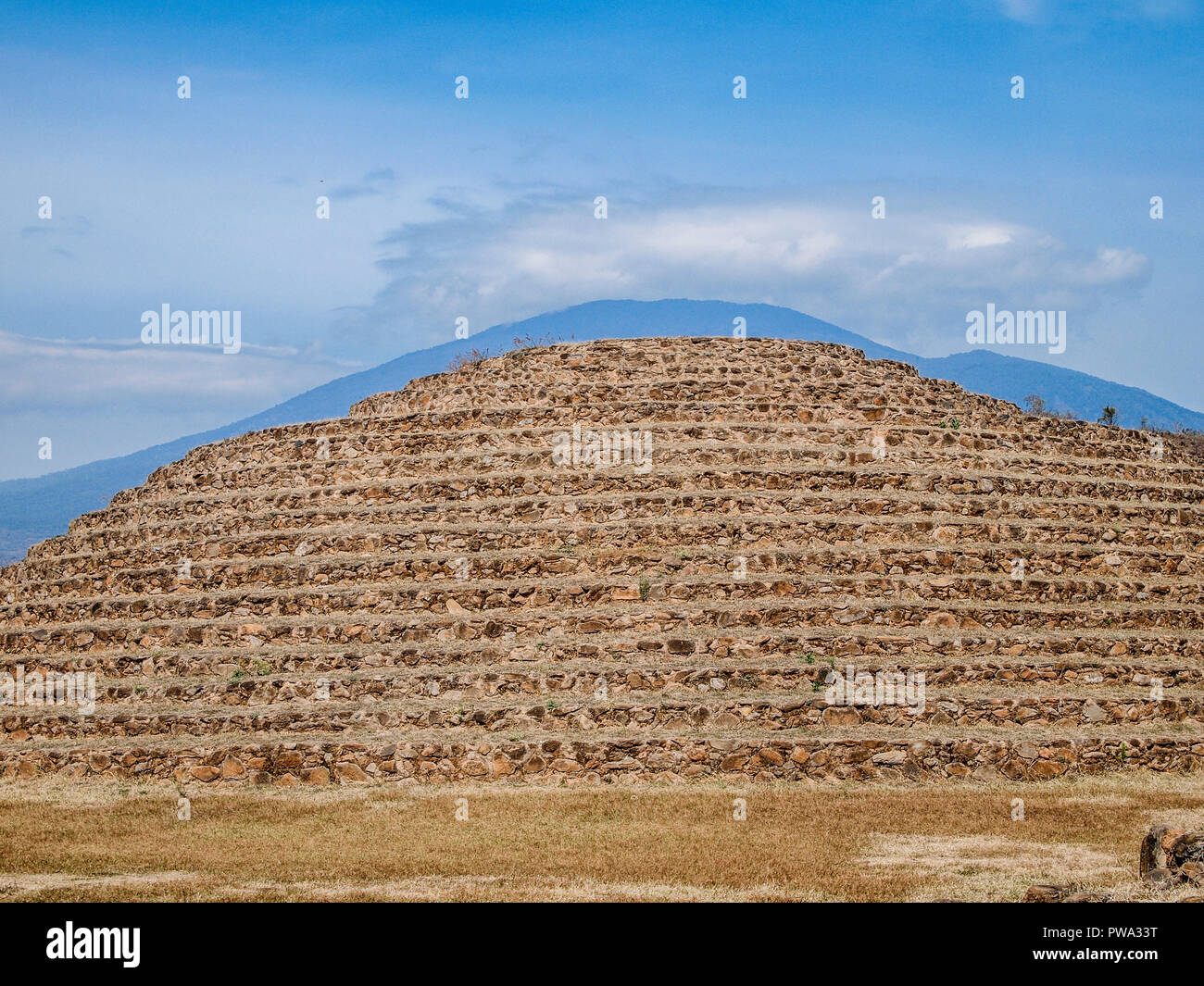 view of a circular pyramid in the archaeological zone of Guachimontones ...