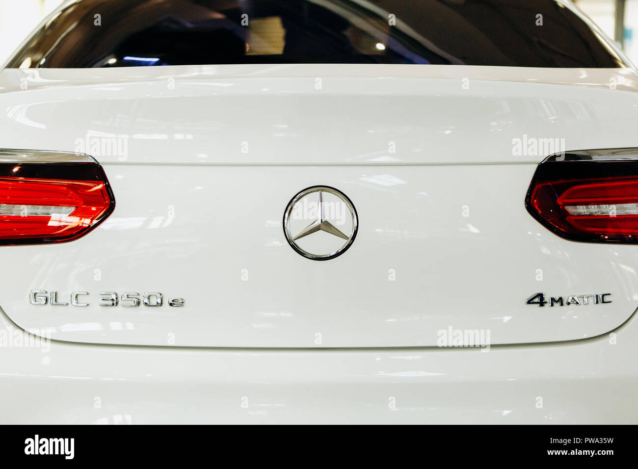 Berlin, August 29, 2018: Back view. Close-up. New modern electric car ...