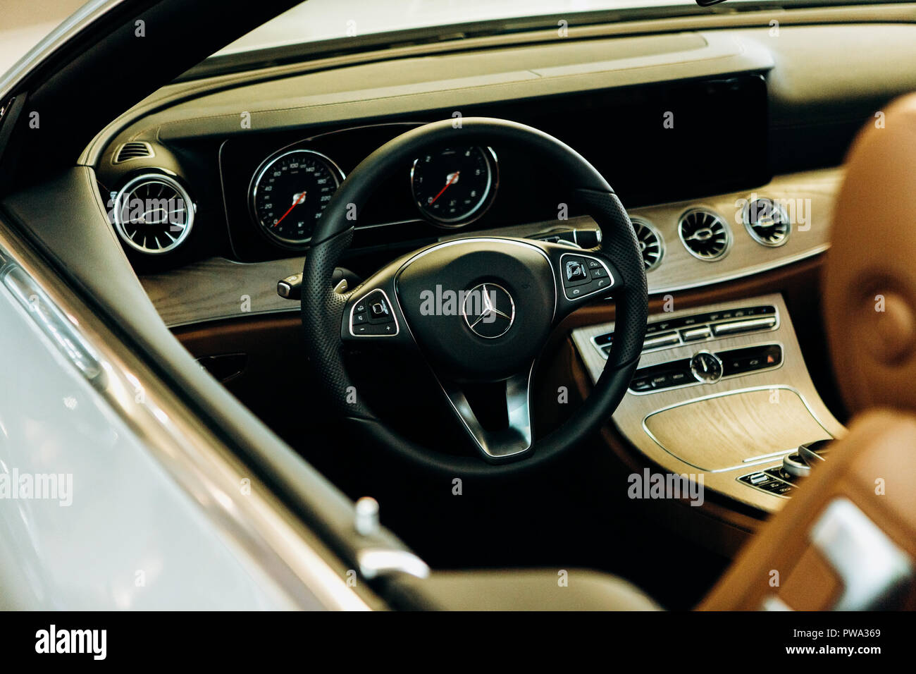 Berlin, August 29, 2018: Inside the new Mercedes-Benz car. Close-up ...