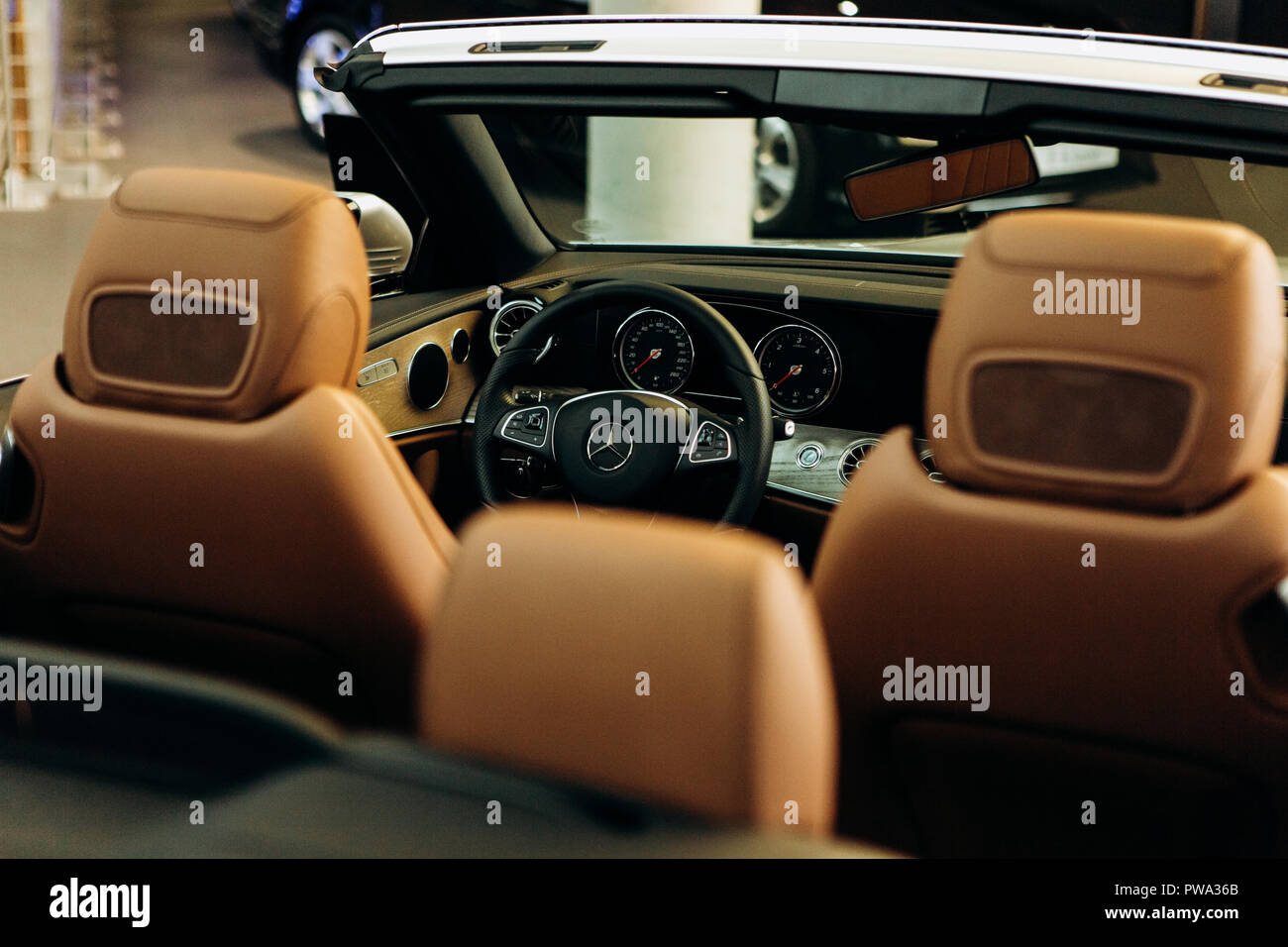 Berlin, August 29, 2018: Inside the new Mercedes-Benz car. Close-up ...
