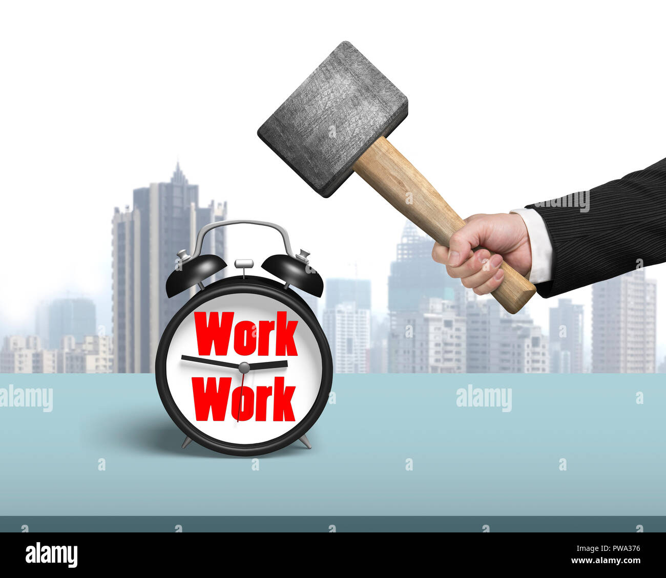 Using hammer hit clock with work face city view background Stock Photo ...