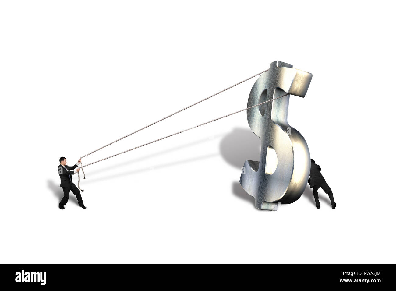Pulling up large metal money 3d symbol isolated in white background ...