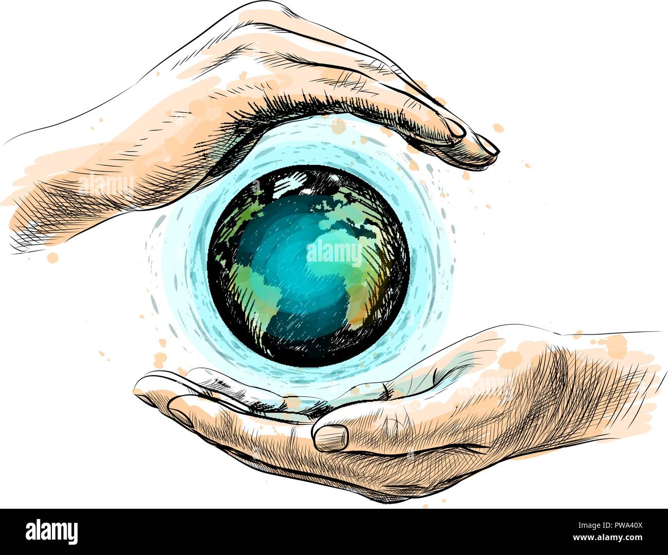 Earth between hands representing environment conservation, hand drawn ...