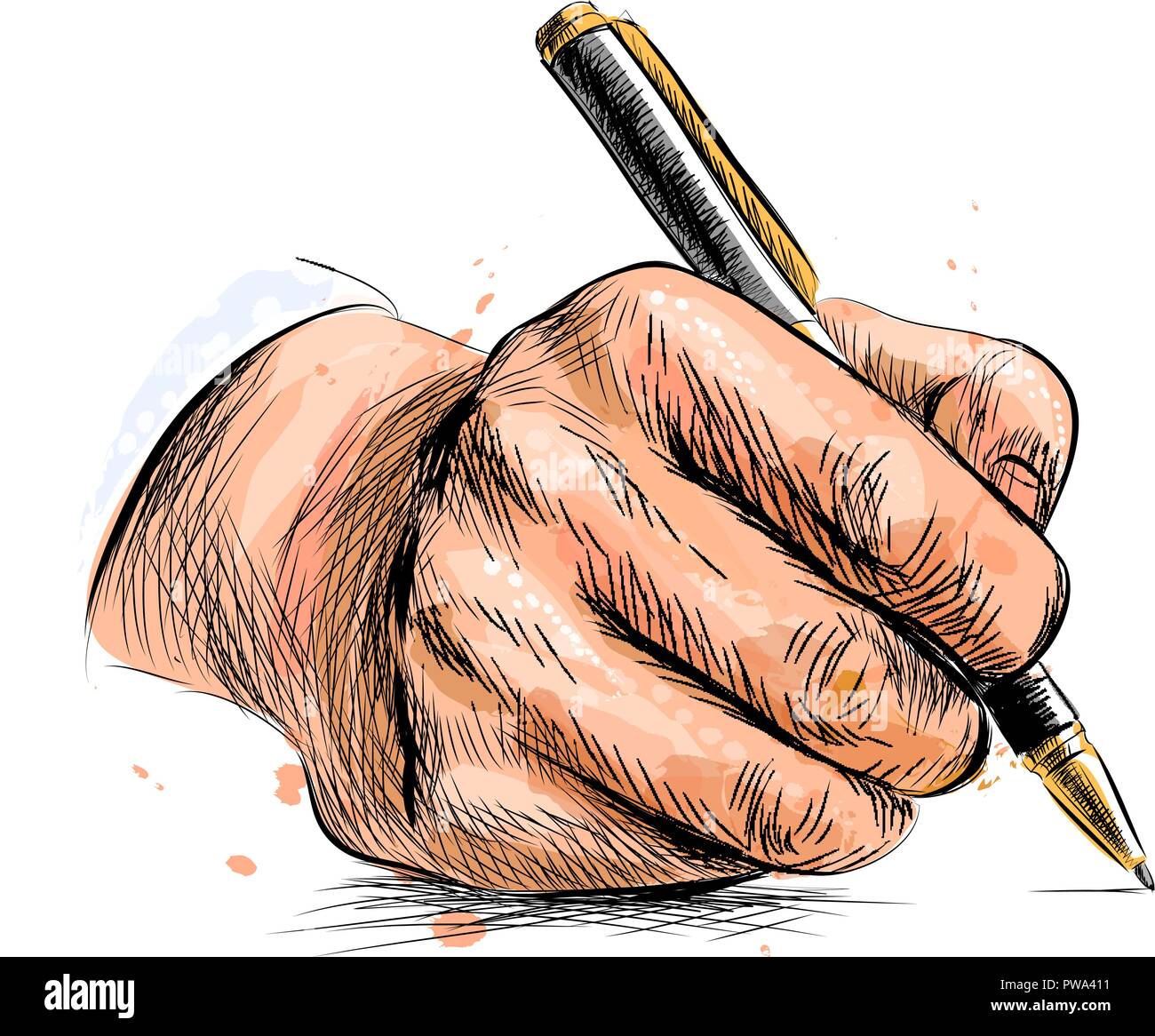 Male hand with pen from a splash of watercolor Stock Vector Image & Art ...